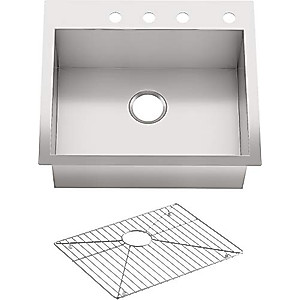 KOHLER Vault 25" Single Bowl 18 Gauge Stainless Steel Kitchen Sink with Four Faucet Holes K-3822-4-NA Drop-in or Undermount Installation, 9 Inch Bowl