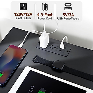 LOAKEKEL Night Stand, LED Nightstands Set of 2 with Charging Station, End Tables with USB Type C Port and Outlets, Bedside Table with 2 Fabric Drawers for Bedroom, Black, HNS032BK