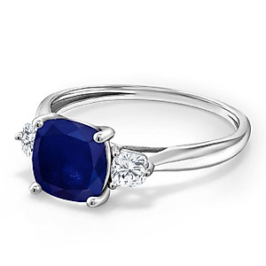 Gem Stone King 10K White Gold Blue Sapphire and White Moissanite 3-Stone Engagement Ring | 2.26 Cttw | Cushion 7MM | 3 Stone Wedding Anniversary Promise Gold Ring For Women (Size 8)