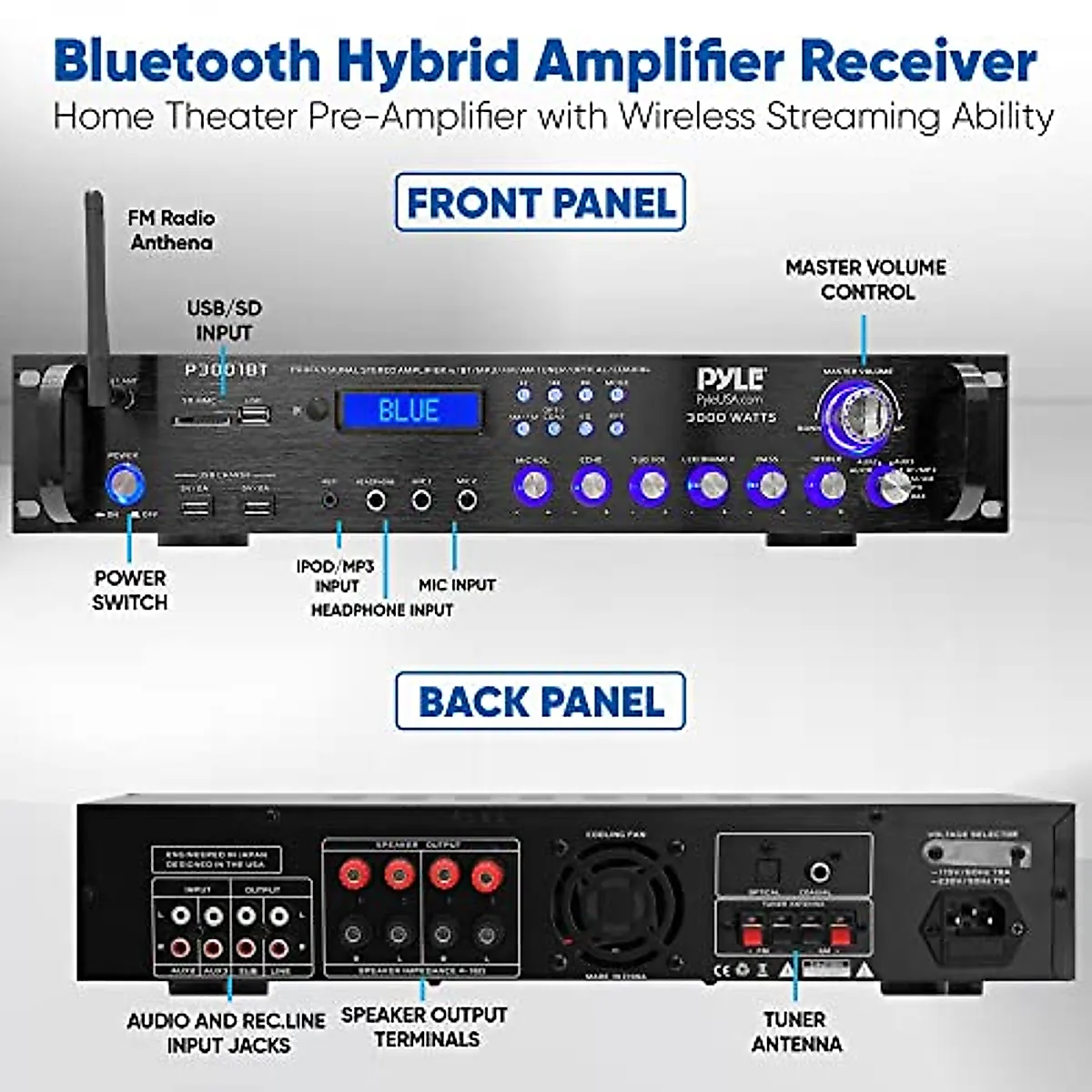 Pyle Bluetooth Hybrid Amplifier Receiver - 3000 Watt Home Theater Pre ...