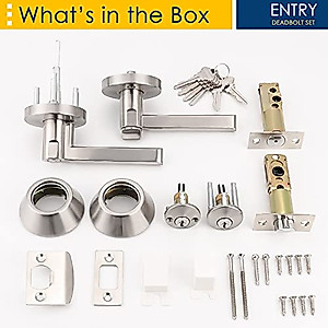 Front Door Entry Lever with Double Cylinder Deadbolts Combination Set, Satin Nickel Finish, Keyed Alike Exterior Entrance Lever Door Handle Set for Front/Back Gate Door, Pack of 2