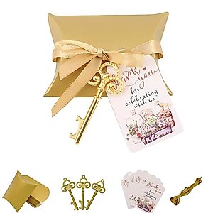 Agatige 50PCS Bottle Opener, Key Beer Bottle Openers Vintage Skeleton Key Bottle Opener Zinc Alloy Wine Bottle Opener with Escort Tag Card and Ribbon for Wedding Party Decorations, Gold, 8.6x4.7inch
