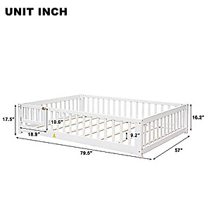 Full Floor Bed for Kids, Montessori Bed Frame with Fence-Shaped Guardrails, Support Slats and Door, Wood Floor Full Bed for Kids,Toddler,Boys Girls, No Box Spring Needed(White, Full Bed Frame)