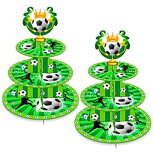 2 PCS Soccer Cupcake Stands - Soccer Party Decoration 3 Tier Desert Cup Cake Holder Stand Display for Soccer World Cup Kids Birthday Soccer Party Sport Party Supplies