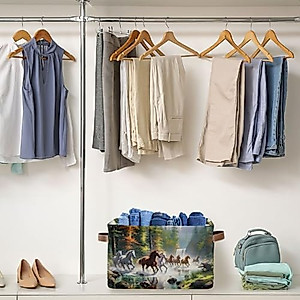 STAYTOP Large Storage Basket Collapsible Toy Storage Bins Waterproof Laundry Basket with Handle.Used for Home Closets, Offices, Bedrooms, Kids Toy and Gift Baskets-Running Horses（Rectangular）1PCS