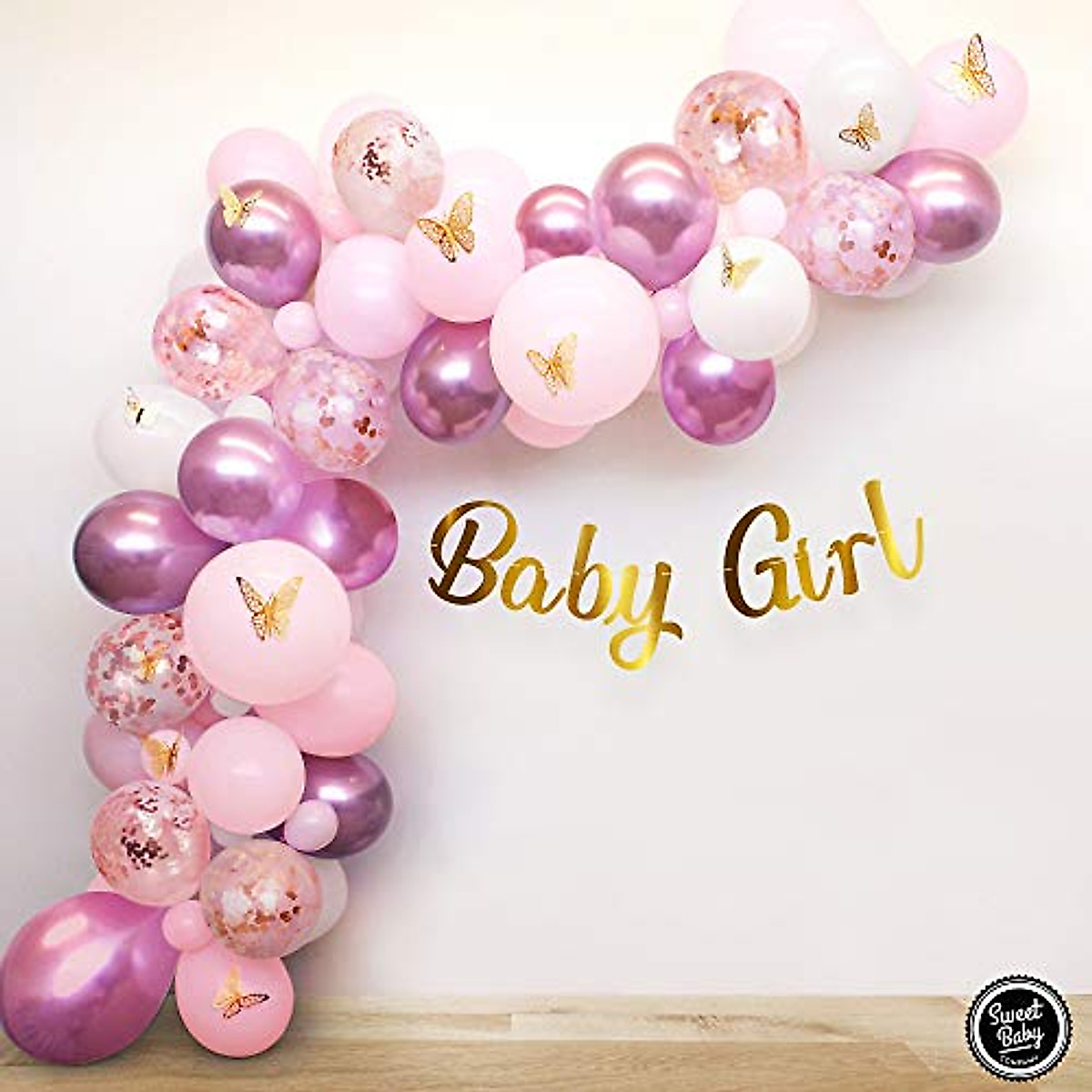 Sweet Baby Co. Girl Butterfly Baby Shower Decorations for Girl Party Decoration with Pink and Purple Mauve, Rose Gold Balloons Arch Garland Kit, Banner for Princess Floral Birthday BabyShower Decor