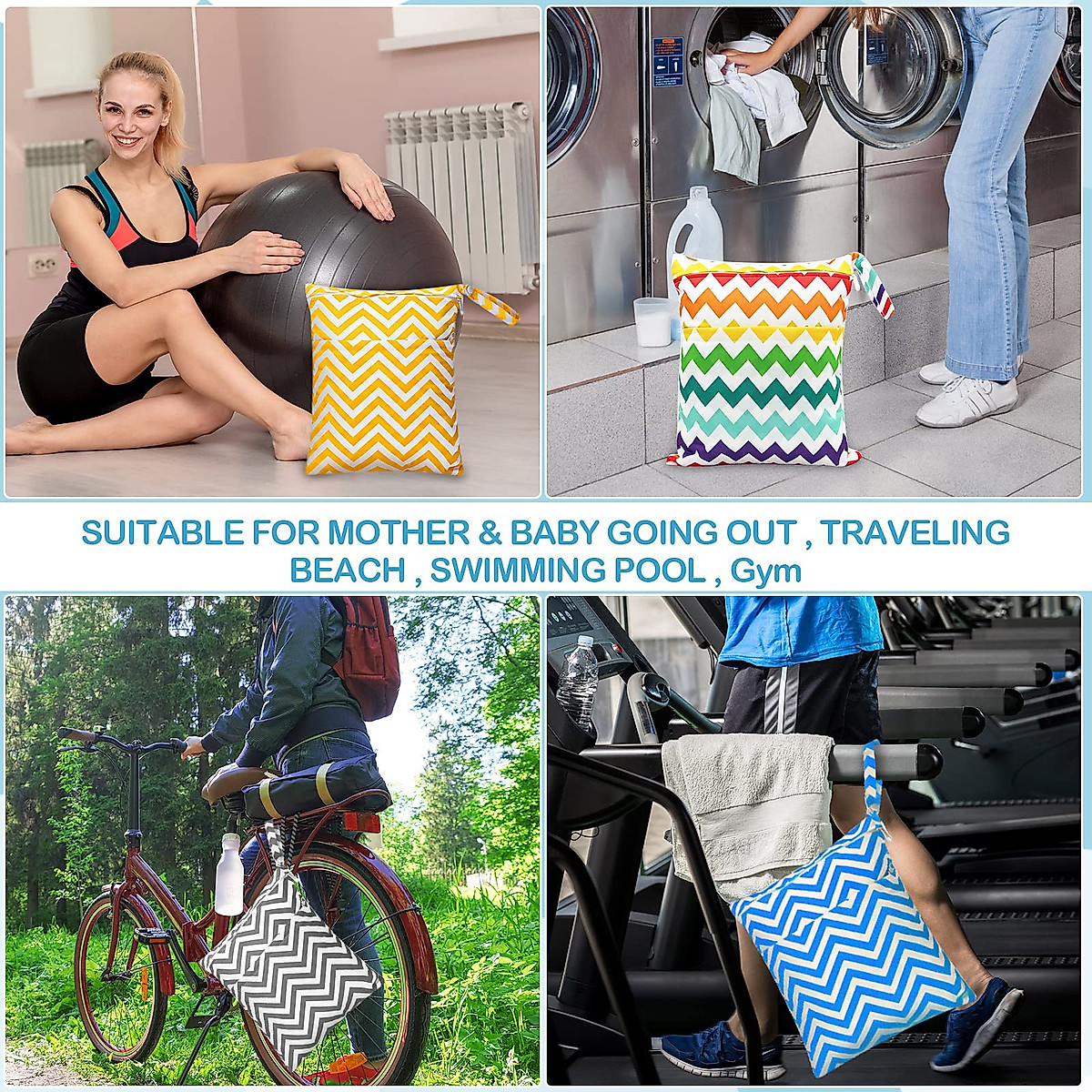 4 Pieces Wet Dry Bag Cloth Diaper with Two Zippered Pockets Waterproof ReusableW Travel Beach Pool Daycare Soiled Baby Items Yoga Gym（12in x 14.5in）, Gray,Blue,Yellow and Rainbow, KKBB1001