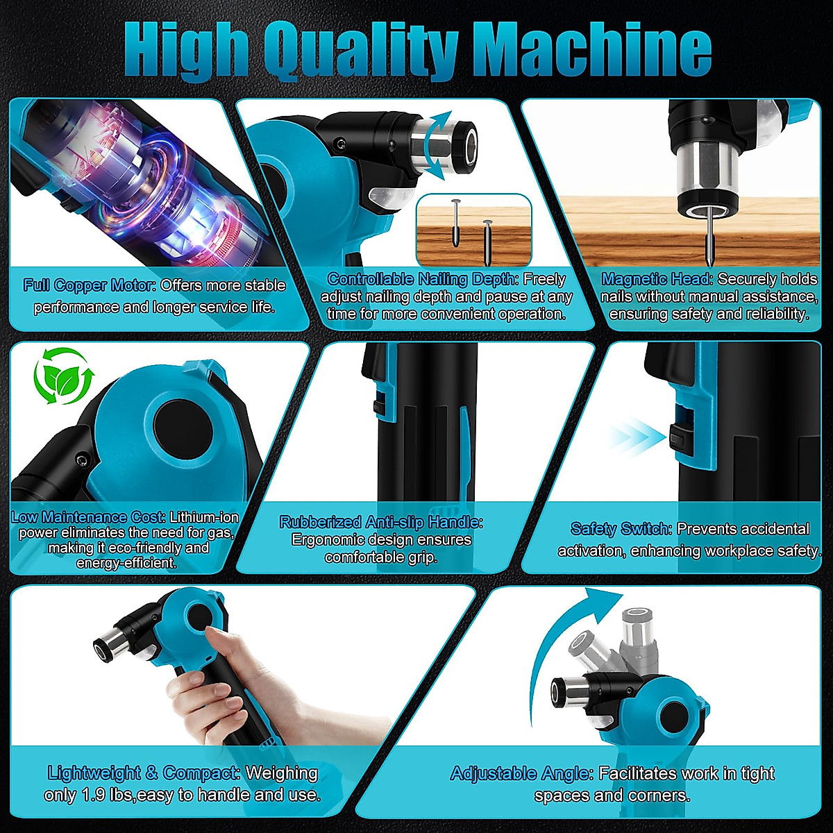 Daspom Palm Nailer Cordless with Magnetic Tip, Auto Hammer Compatible with Ma-kita 18V Battery, Brushless 14000 RPM, 0-90° Adjustable, Power Framing Nailer for Joist Hangers, Tight Spaces