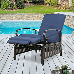 Ulax furniture Outdoor Recliner Adjustable Metal Patio Reclining Lounge Recliner Sofa Chair with Removable 100% Olefin Cushion (Navy)