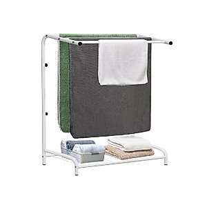 VSUINGO Freestanding Towel Rack, 32" L x 37.8" H for Oversized Bath Towels, Hand Towels Stand, Adjustable Height, 3-Tier Clothes Drying Holder with Storage Shelf for Bathroom, Aisle, Pool (White)