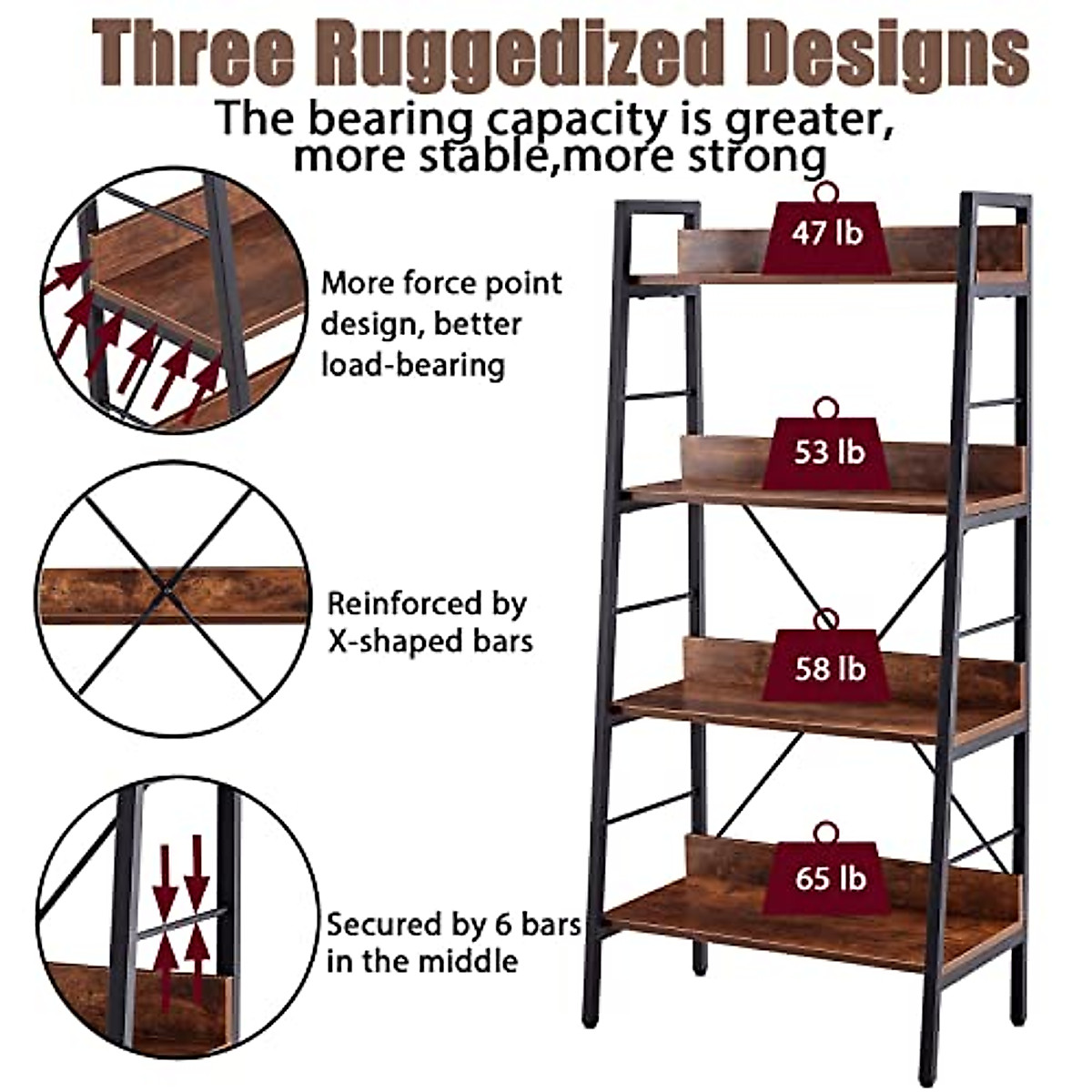 Ladder Shelf 4-Tier Bookshelf Plant Stand Kitchen Storage Rack Industrial Display Leaning Bookcase with Steel Frame Modern Wood Organizer Shelves Metal Furniture Home for Living Room Bedroom Office