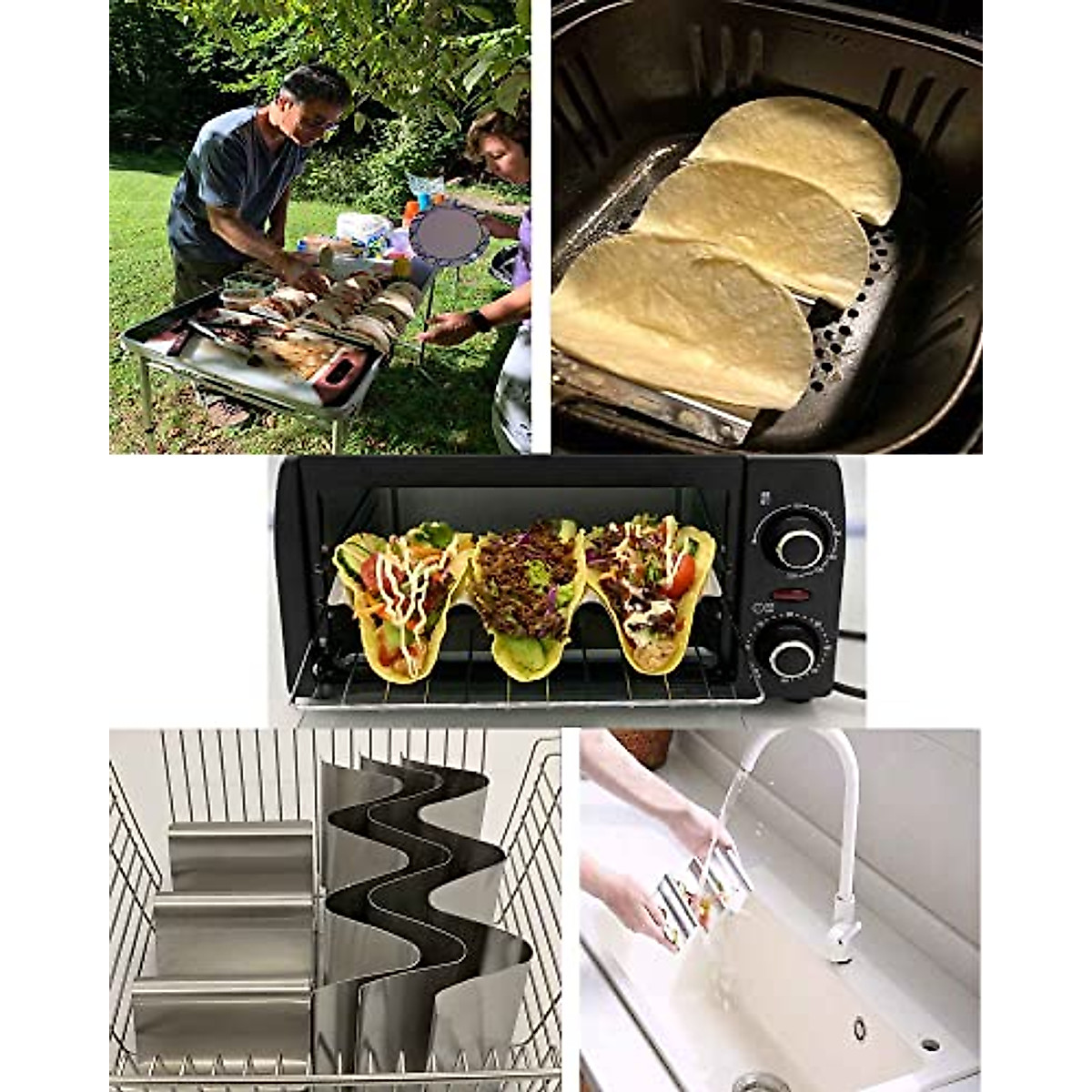 Taco Holder - Taco Stand Stainless Steel Set of 4, Dishwasher, Oven and Grill Safe, Easy to Clean and Folded Up for Compact Storage, Nacho Trays for Taco Tuesday Dinner Party