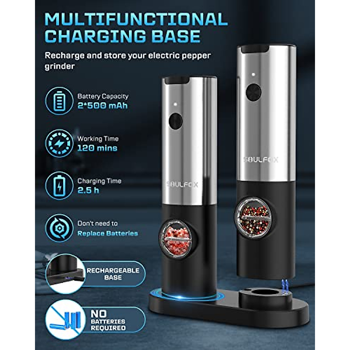 SoulFox Electric Salt and Pepper Grinder Set with USB Rechargeable - No Battery Needed - One Handed Operation - White Light - Adjustable Coarseness Automatic Electronic Spice Mill Shakers Refillable
