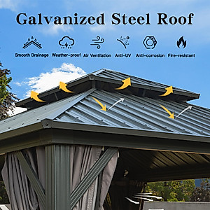 Domi Hardtop Gazebos 12x12FT, Aluminum Metal Gazebo with Galvanized Steel Double Roof Canopy, Curtain and Netting, Permanent Gazebo Pavilion for Patio, Backyard, Deck and Lawn, Grey