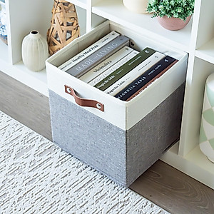 OrganiHaus 11 Inch Cube Storage Bin set of 4, Fabric Storage Bins, Cube Storage Organizer Bins, Cubby Bins w/ Vegan Handles, Kallax Organizer Storage Cube Basket, Square Storage Cubes - Grey/White