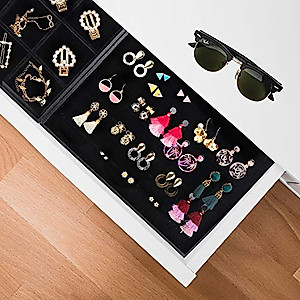 Mebbay Stackable Velvet Jewelry Trays Organizer, Jewelry Storage Display Trays with Full Artificial Leather Cover for Drawer, Earring Necklace Bracelet Ring Organizer, Set of 3 (Black)