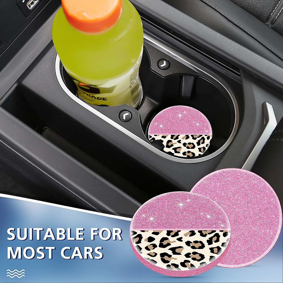 Jupswan Car Cup Holder Coaster 2 Pack Cute Leopard Print Acrylic New Automotive CupHolder Accessories Interior Decor Decorations for Women
