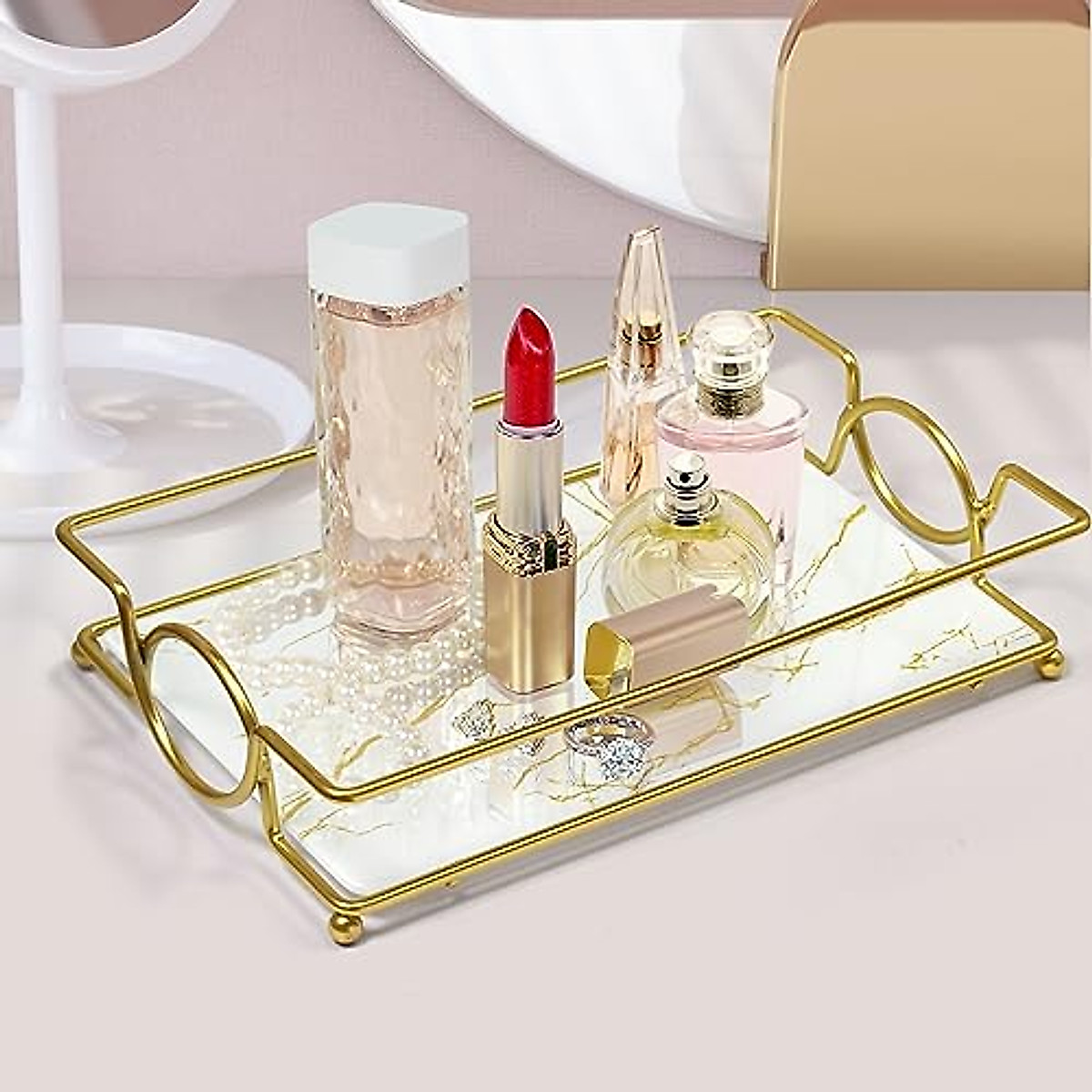 MYITYARD Vanity Tray, Bathroom Countertop Decorative Perfume Tray, Metal and Glass Tray for Jewelry, Makeup, Votive Candle Storage Organizer, 10.6" x 6.3", Gold