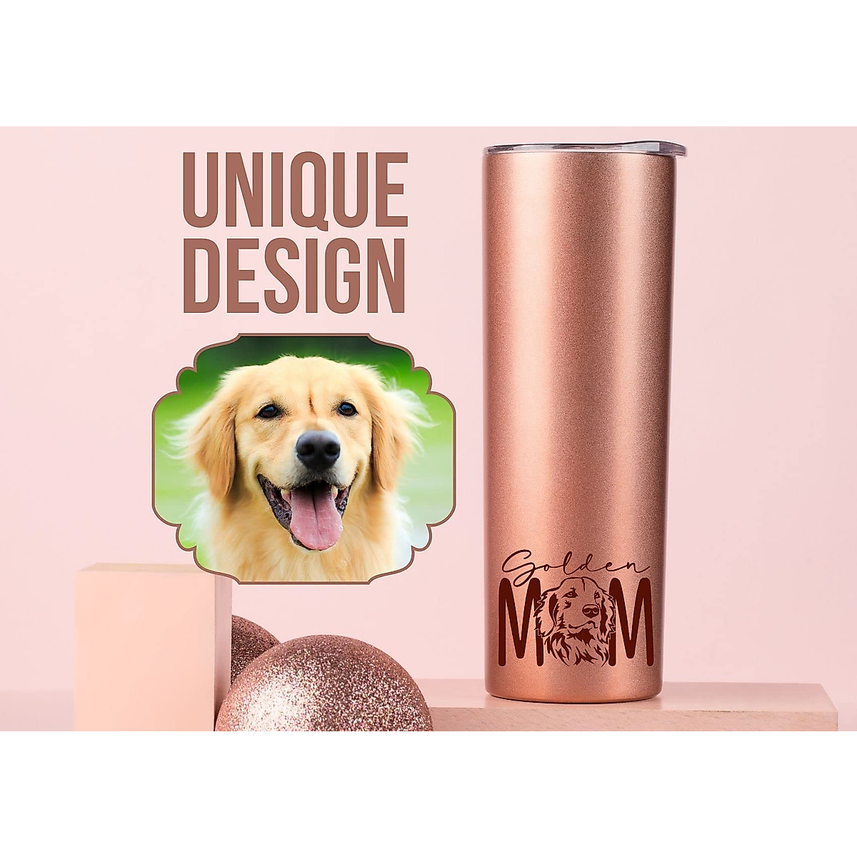Onebttl Golden Retriever Gifts, Dog Lover Gifts, Gifts for Dog Mom, Dog Owner, Women, Girls, Friends, Daughters, Coworkers, 20Oz Skinny Tumbler, Golden Retriever Mom, Rose Gold