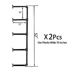 FOF FRIEND OF FAMILY (52" Tall,5 Tier, 2 pcs) Industrial Retro Wall Mount Iron Pipe Shelf Hung Bracket DIY Storage Pipe Shelving Bookshelf
