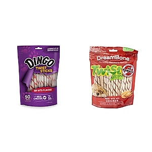 Dingo Twist Sticks Rawhide Chews, Made with Real Chicken, 50 Count and DreamBone Twist Sticks, Made with Real Chicken, Rawhide-Free Chews for Dogs, 50 Count