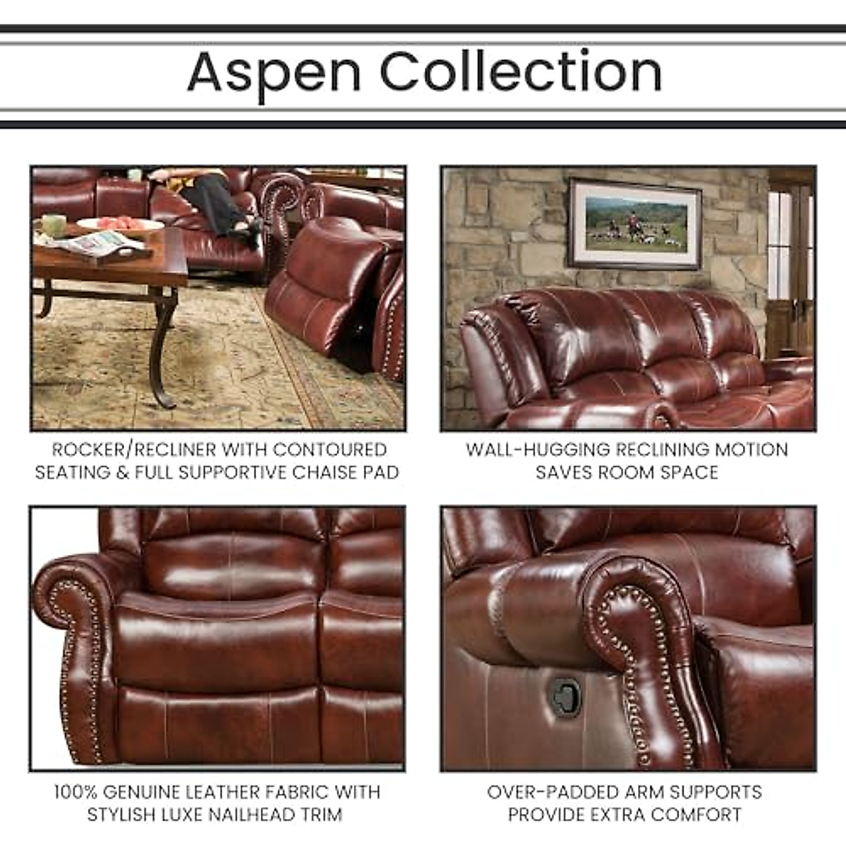 Hanover Aspen Rocker Recliner Chair, 100% Genuine Leather Deep-Seating Rocker for Living Room, Family Room, Den, or Man Cave, Space Saving Cushioned Rustic Armchair, Oxblood