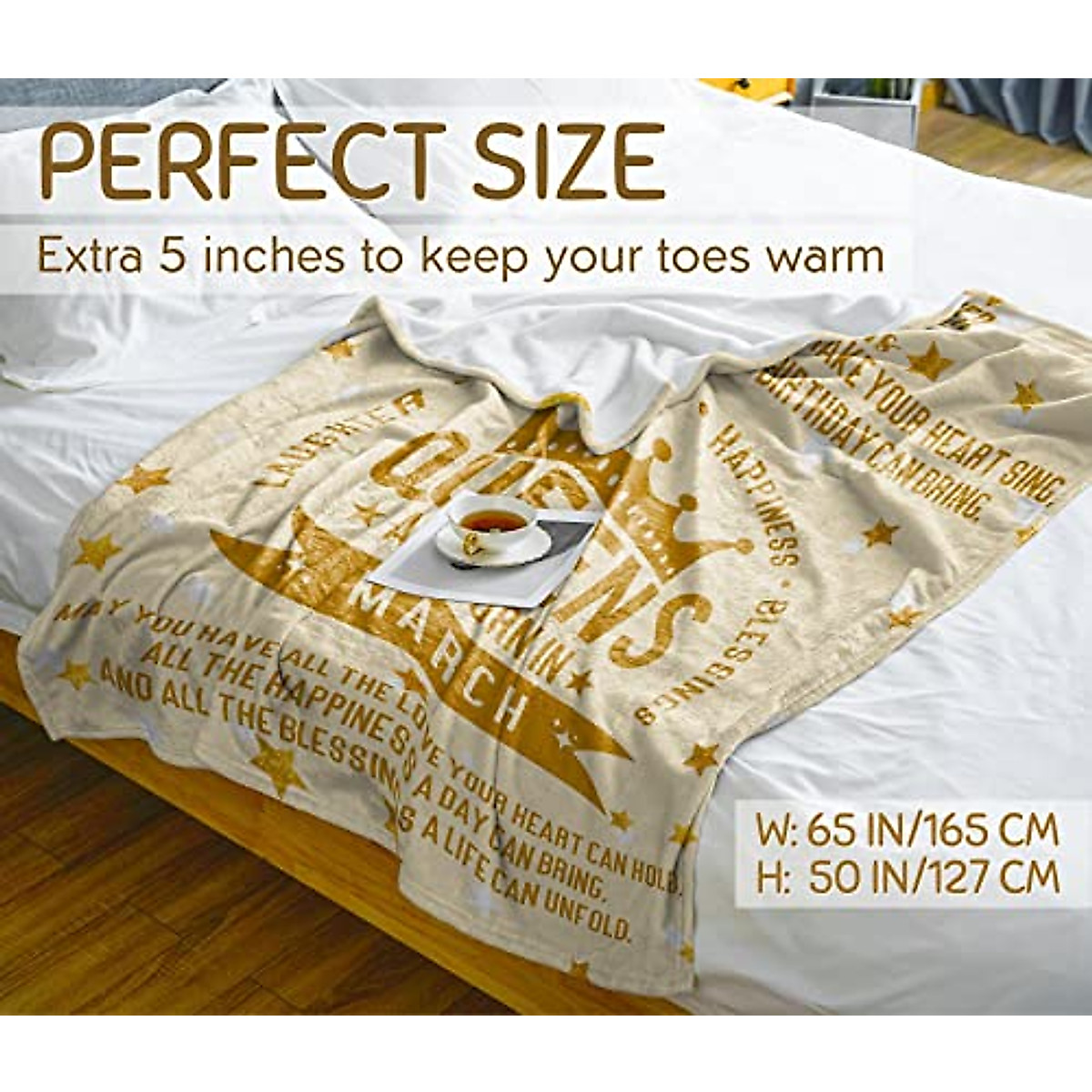 InnoBeta Birthday Gifts for Women, Birthday Gifts for Her, Bday Gifts - Queens are Born in March Birthday Gift Ideas for Mom, BFFs, Grandma, Aunt - Flannel Plush Blanket - 50"x 65"