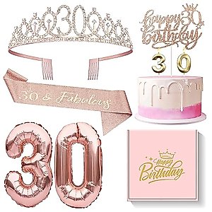 30th Birthday Gifts Decorations for Her - 30 Birthday Cake Topper, Balloons, Queen Sash, Crown and Candle Set, Rose Gold