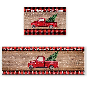 Arts Print Buffalo Plaid Kitchen Rug Mat Set of 2,Christmas Red Truck with Christmas Tree Retro Wood Grain Runner Rug,Non-Slip Durable Kitchen Floor Mat for Sink,Bathroom,15.7x23.6Inch+15.7x47.2Inch