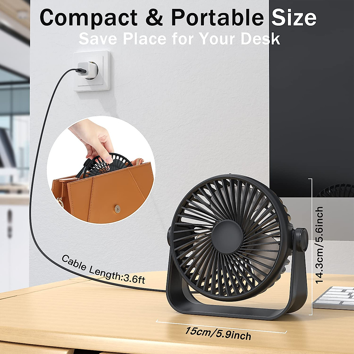 TriPole Small Desk Fan 3 Speeds Strong Airflow USB Fan 360°Rotation Mini Fan Portable Personal Fan, 5-inch Table Fan for Bedroom Office Home Outdoor Camping, 3.6ft Cable, Black