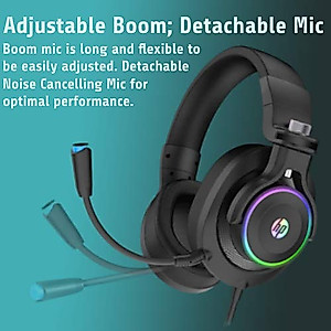 HP USB PC Gaming Headset with Microphone. 7.1 Surround Sound, RGB LED Lighting, Noise Isolating Over Ear Game Headphones with Detachable Mic for PC, PS4, Mac, Laptop - Black