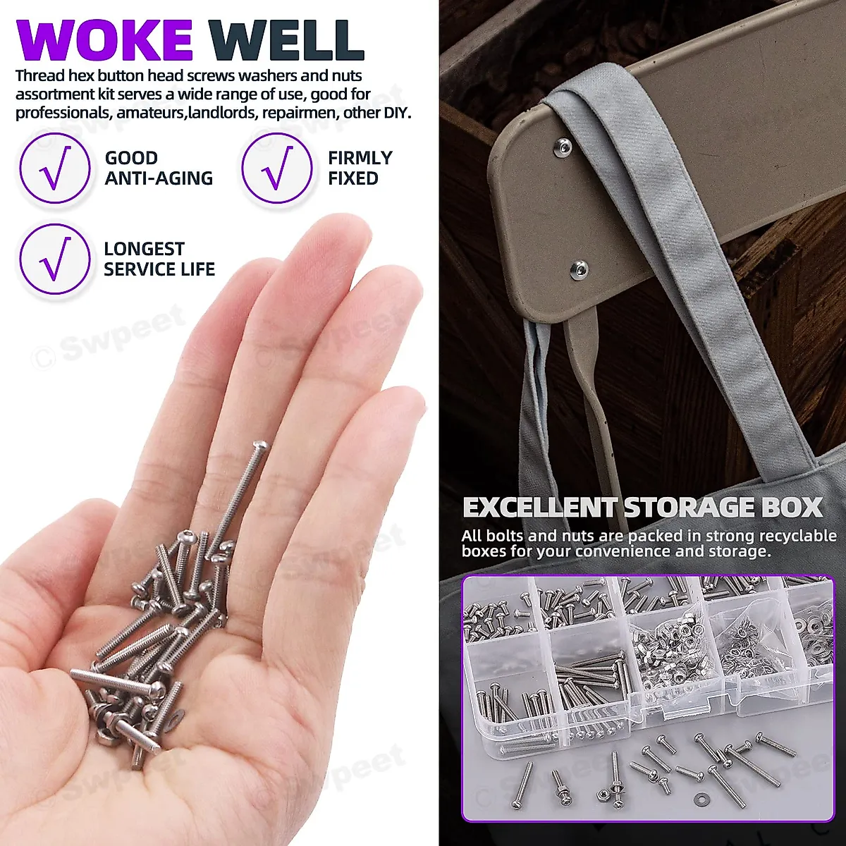 Swpeet 701Pcs M2 Metric 304 Stainless Steel Button Head Hex Socket Head Cap Bolts Screws Nuts and Hex Nuts with Flat Washers and Split Lock Washers Kit, Screws Nuts Washers Wrench All Included