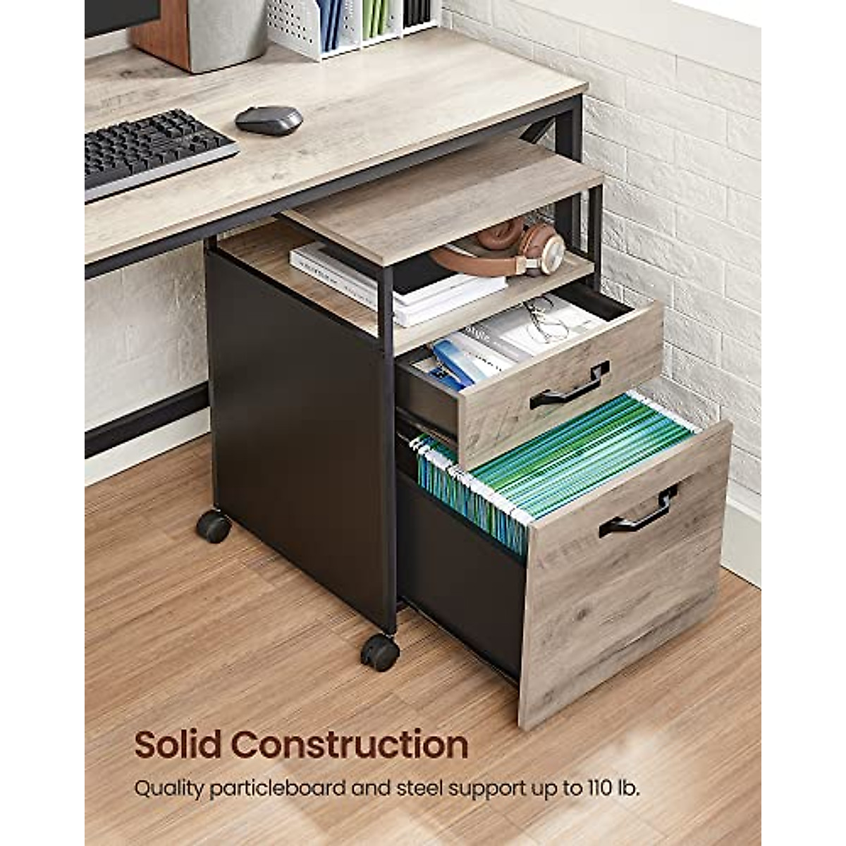 VASAGLE File Cabinet, Mobile Filing Cabinet with Wheels, 2 Drawers, Open Shelf, for A4, Letter Size, Hanging File Folders, Heather Greige and Ink Black UOFC071B02