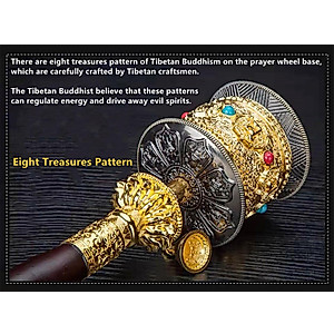 Copper Large Hand Held Prayer Wheel with Tibetan Buddhist Six-Character Truth Premium Buddha Scriptures, Wooden Handle Prayer Wheel for Praying, Blessing, Meditation, Healing, Relaxing, Yoga