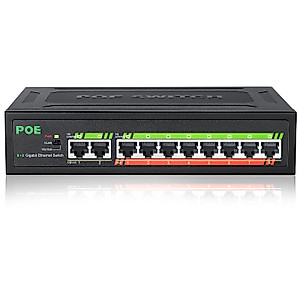 10 Gigabit Port PoE Ethernet Switch, 8 PoE Port Switch with 2 Uplink, Unmanaged Ethernet Splitter 802.3af/at Compliant Plug & Play Traffic Transmission