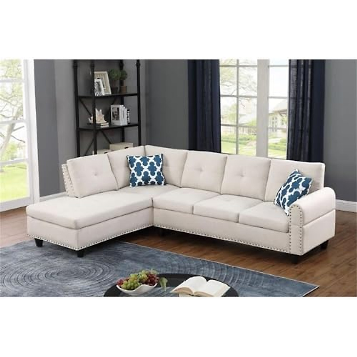 Devion Furniture Polyester Fabric Sectional Sofa with Lift-top Storage Ottoman, Tufted Design, in Beige Finish