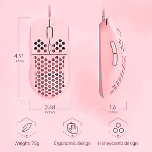 DIERYA M1SE Wired Gaming Mouse with Honeycomb Shell, 12800DPI Optical Sensor, 6 Programmable Macros, Software Support for Custom Key Config, and RGB Settings for Windows 7/8/10/XP, Vista, Linux-Pink