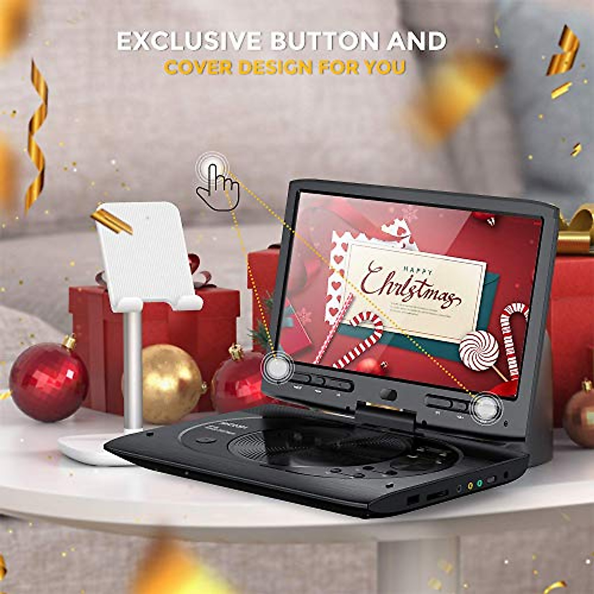 MYDASH 12.5" Portable DVD Player, Car DVD Player for Kids with 10.5" HD Swivel Screen, 5 Hrs Rechargeable Battery, Support CD/DVD/SD Card/USB, Car Headrest Mount Case, Car Charger, Region Free, Black