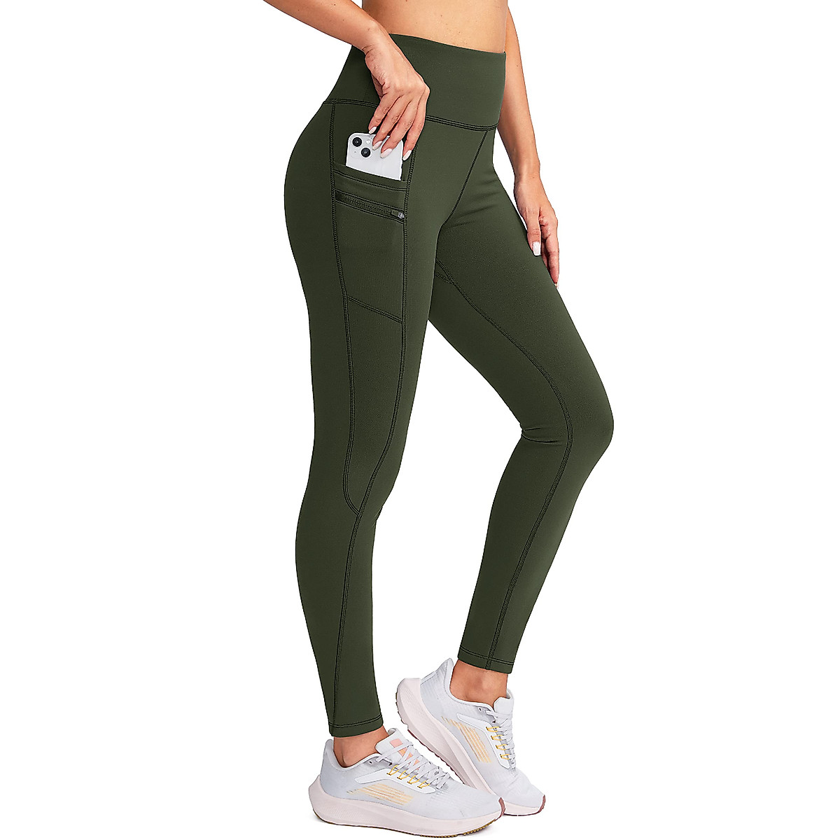 G Gradual Women's Fleece Lined Winter Leggings with Pockets Water Resistant High Waisted Thermal Warm Pants Running Hiking(Olive_Green,S)