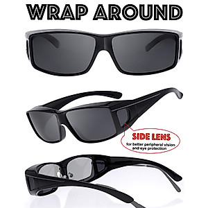 The Fresh High Definition Polarized Wrap Around Shield Sunglasses for Prescription Glasses - Gift Box Package (F701-Black, Grey(Including side lens))