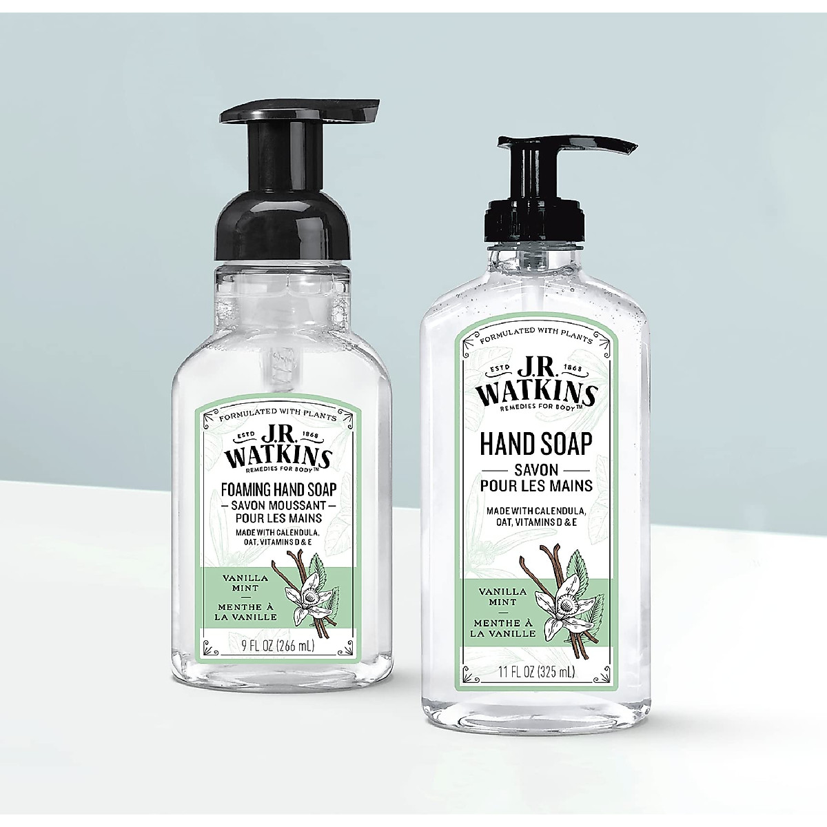 J.R. Watkins Gel Hand Soap with Dispenser, Moisturizing Hand Wash, All Natural, Alcohol-Free, Cruelty-Free, USA Made, Vanilla Mint, 11 fl oz, 3 Pack