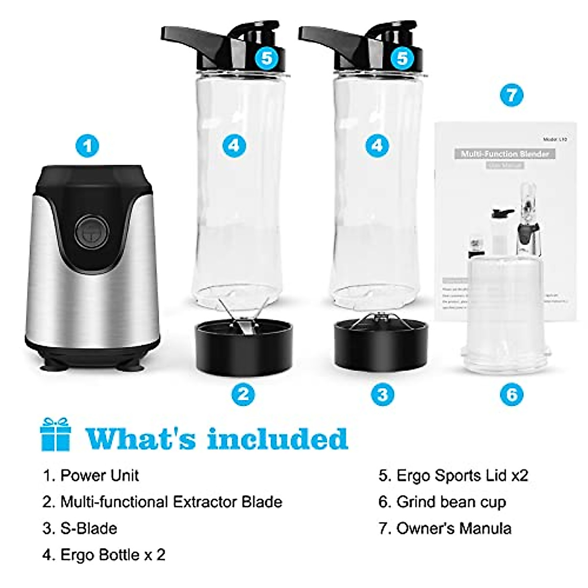 Personal Blender Countertop Smoothies Shakes: Professional Small Vegetable Food Blender Powerful Smoothie Maker Fruit Milkshake Mixer - 2x600ML Portable Travel Juice Cups One Grind Bottle & Kitchen