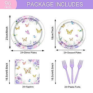 96 Pieces Butterfly Party Favors Decorations Tableware Set 24 Guests Girl Baby Shower Birthday Party Supplies Spring Butterfly Floral Party Dessert Plates Napkin Birthday Party Supplies