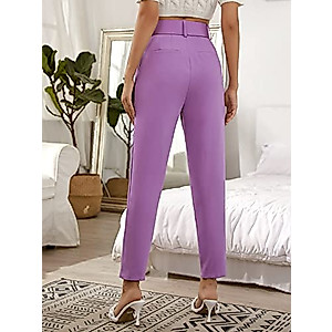 SweatyRocks Women's High Waist Suit Pants Belted Crop Pencil Pants with Pockets Lilac Purple M