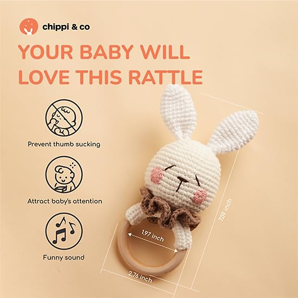 Chippi & Co Wooden Crochet Baby Rattle, Crochet Baby Toys Stuffed Animals Easter Gifts for Kids, Wooden Newborn Toys, Easter Basket Stuffers, Basket Filler, Bunny Decor (Ruffles The Sleepyhead Bunny)