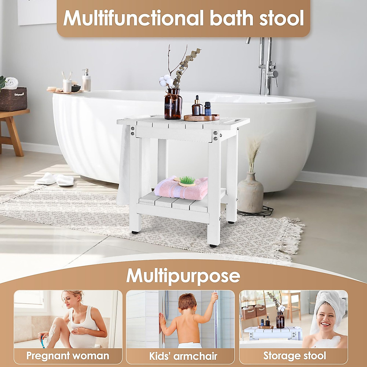 Cuzobro Shower Benches for Inside Shower to Sit On HDPE Shower Seat for Adults Waterproof Shower Chair Bathroom Shower Stool White