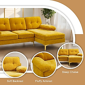 EASELAND 83" L Shaped Convertible Couch, Chenille Couch Sectionals for Living Room, 3-Seat Comfy Lounge Sofa for Bedroom with Chaise, Sleeper Sofa Bed with Fluffy Armrests, Washable Cushion(Yellow)