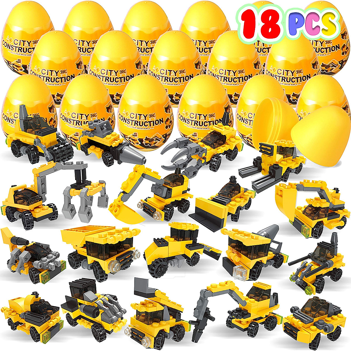 Kiddokids 18 Pcs Filled Easter Eggs with Construction Vehicles Building Blocks Toys, Easter Eggs Prefilled for Easter Theme Easter Eggs Hunt, Basket Stuffers Fillers (3.15inch)