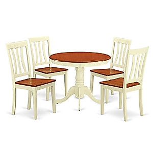 East West Furniture Antique 5 Piece Modern Set Includes a Round Kitchen Table with Pedestal and 4 Dining Chairs, 36x36 Inch, Buttermilk & Cherry