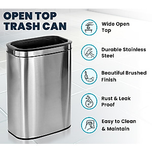 Alpine Industries 40 L / 10.5 Gal Stainless Steel Slim Open Trash Can - Compact Garbage Bin - Wide Access Top Slender Durable Receptacle with Sturdy Plastic Liner